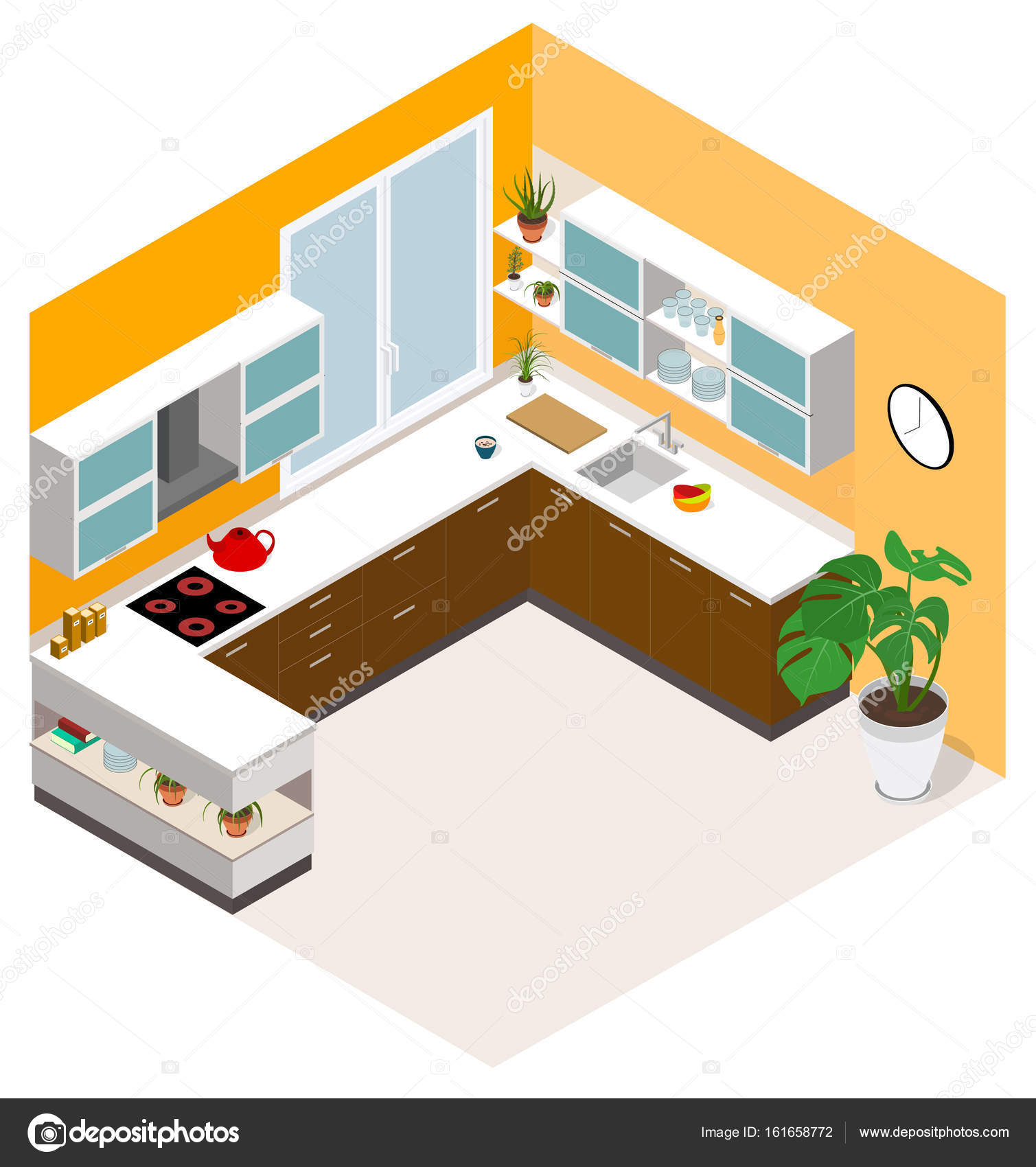 Isometric kitchen design. Vector isometric low poly kitchen room icon ...