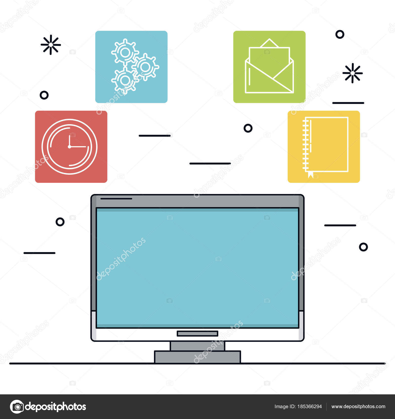 White background with desktop computer in closeup and icons apps in ...