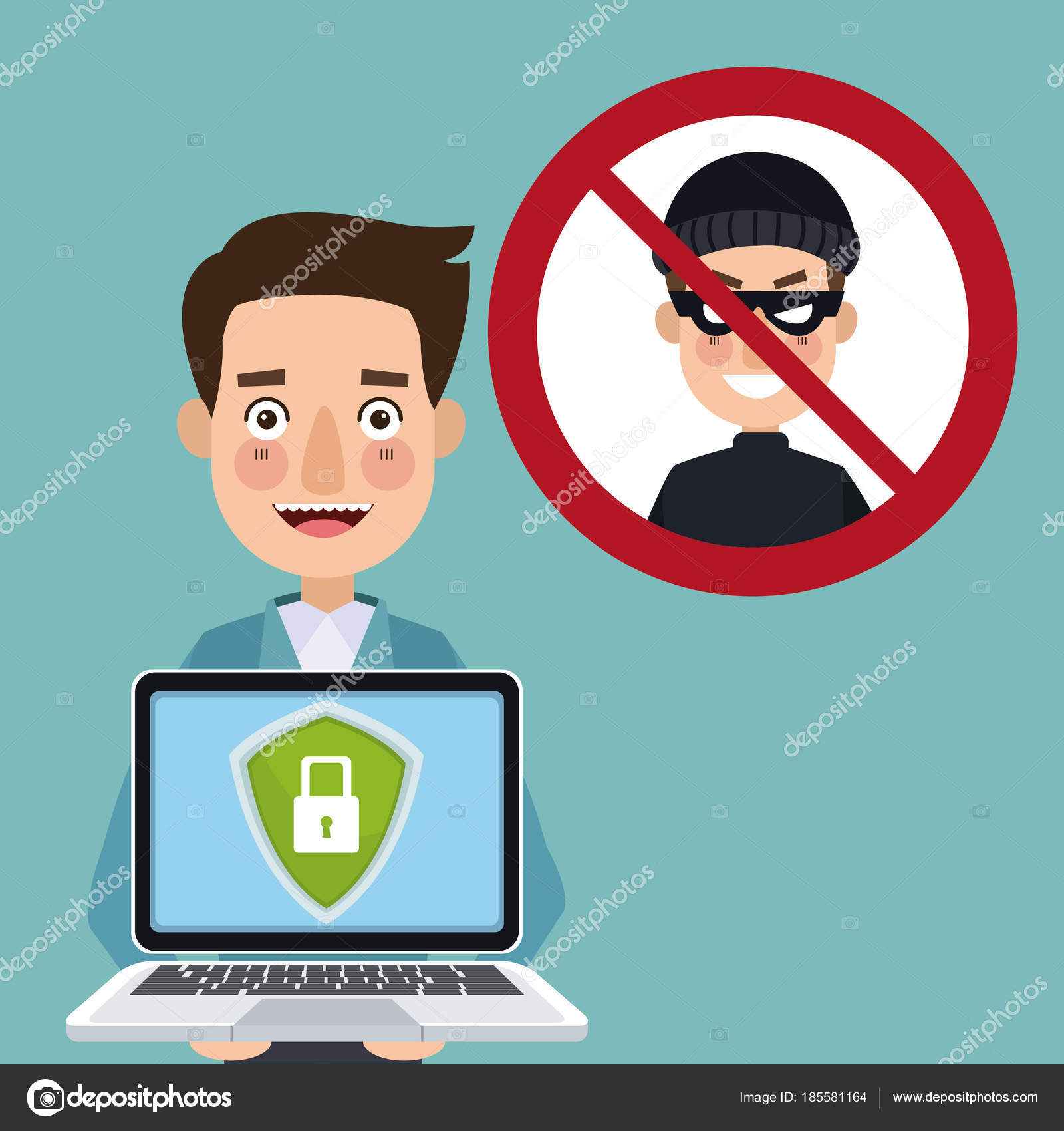 Blue color background man programmer holding laptop with security ...