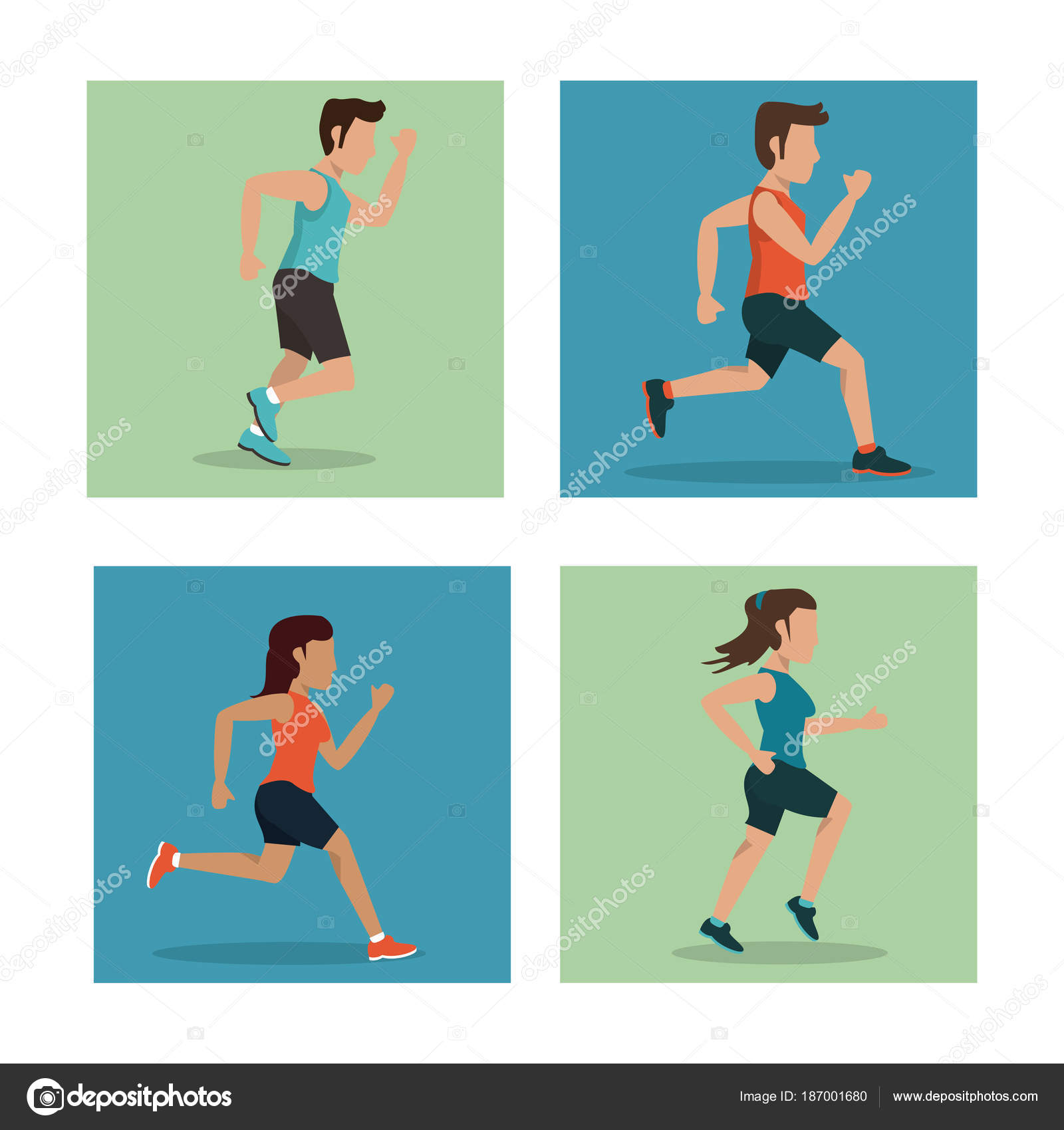 White background with squares set of male and female athletes running ...