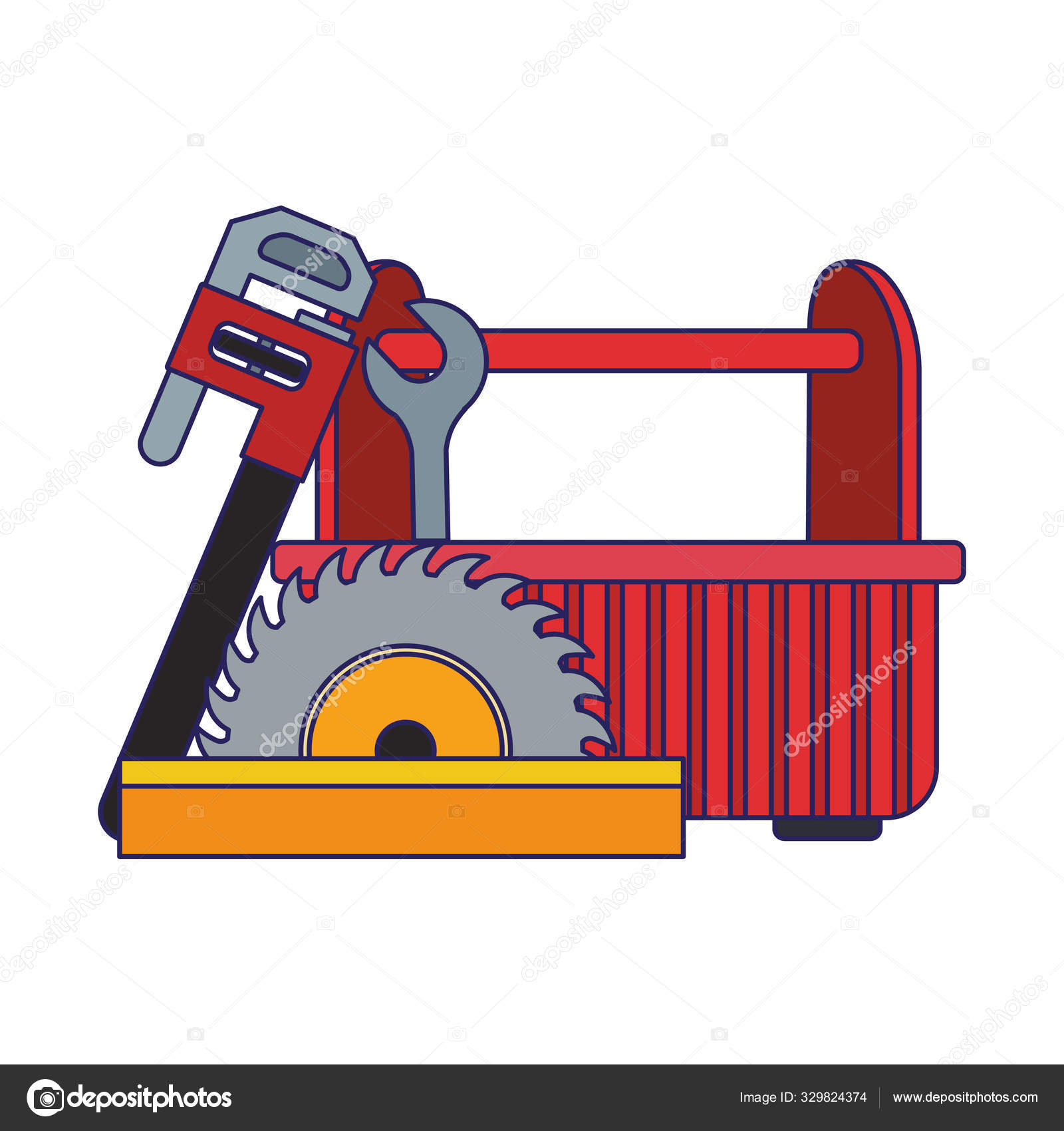 Tools box with saw and piper wrench, colorful design Stock Illustration ...