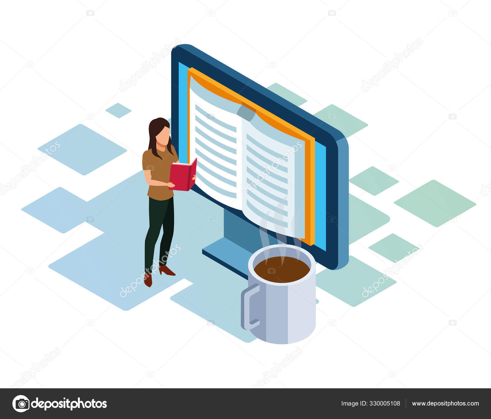 Woman reading a book, big computer and coffee mug, colorful design ...