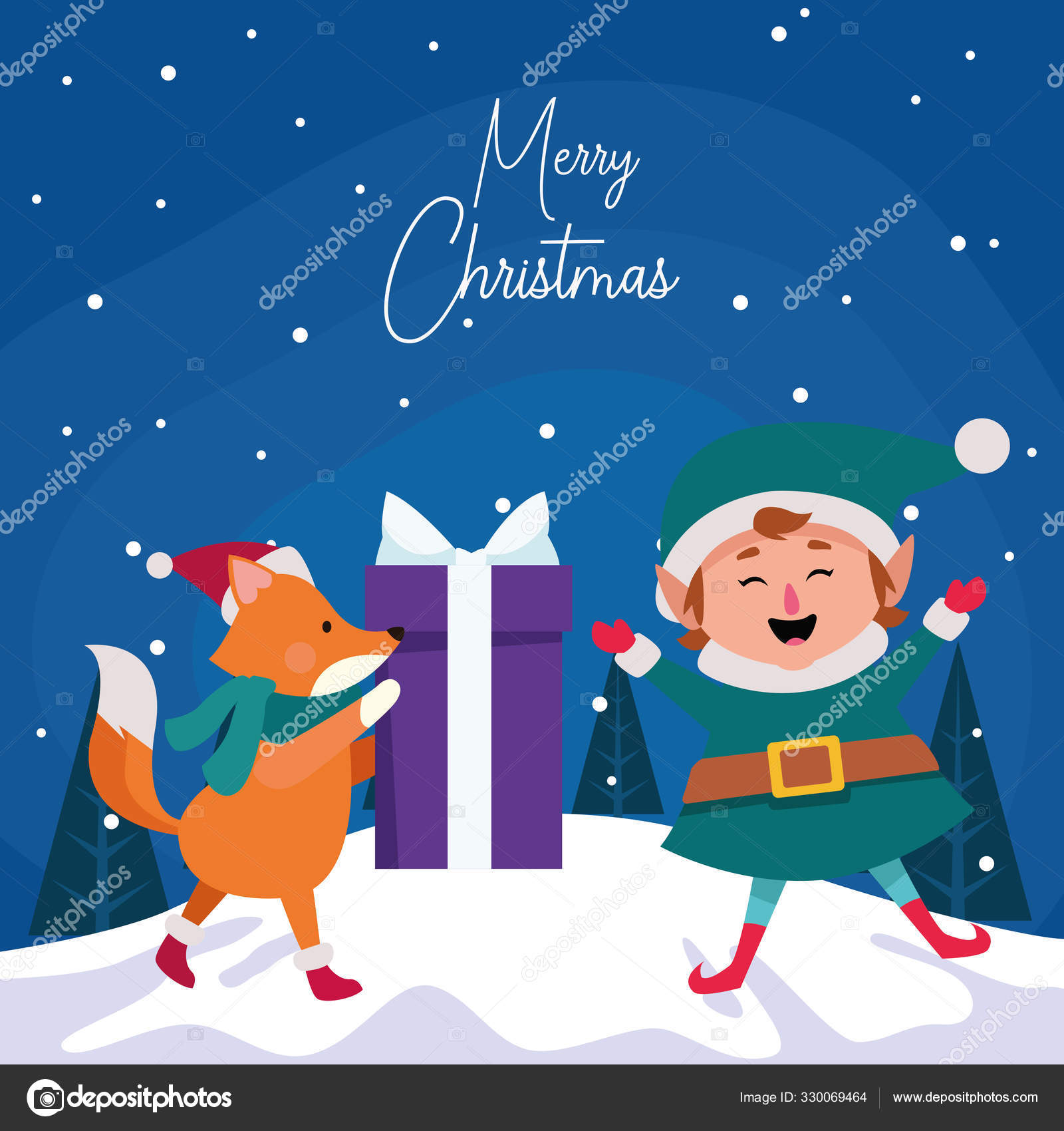 Cartoon christmas elf and fox with gift box Stock Vector Image by ...