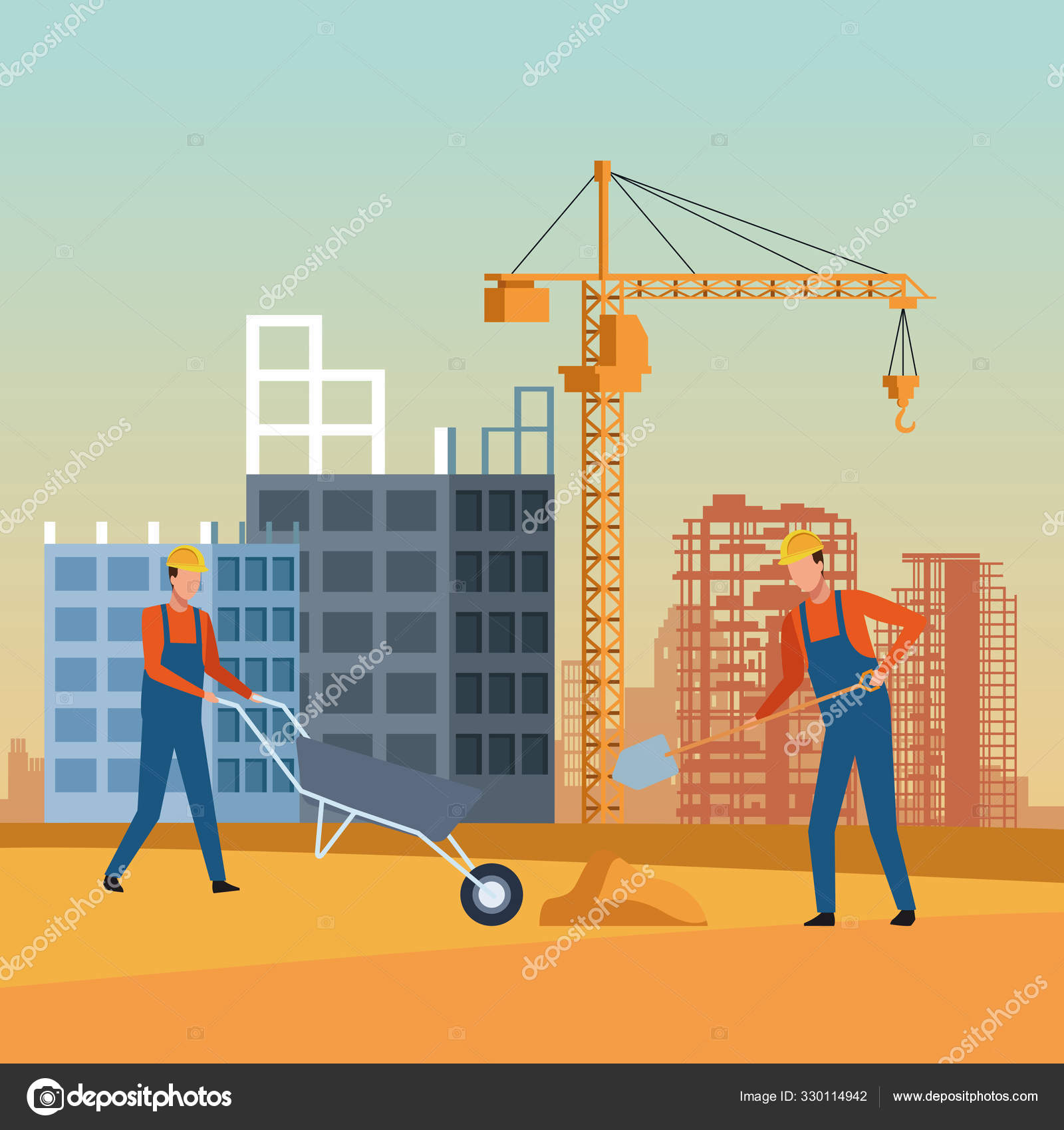 Construction workers working on under construction scenery background ...