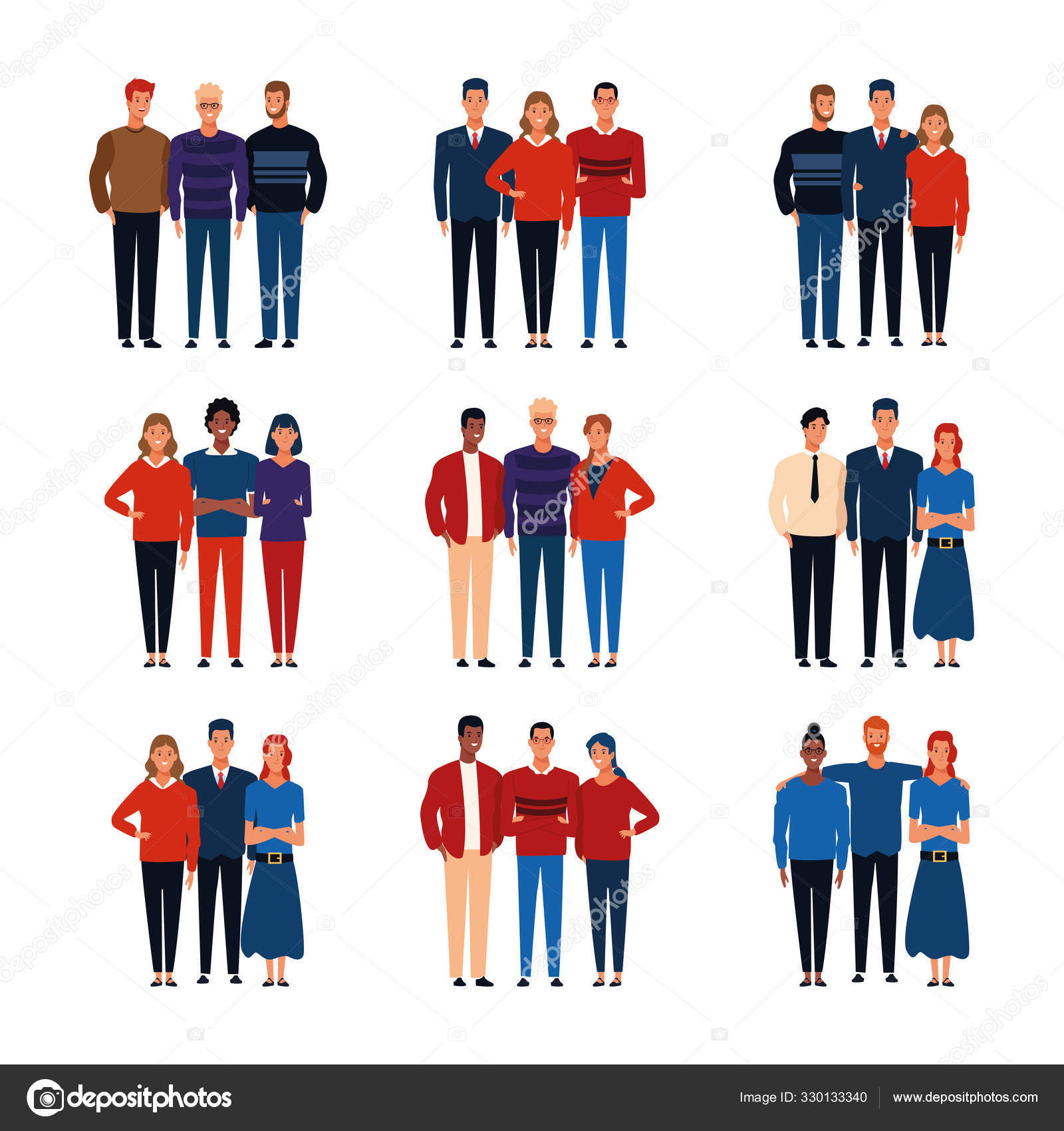 Cartoon people in groups standing icon set, colorful design Stock ...