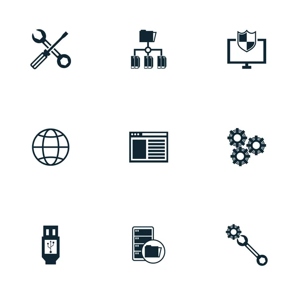 White background with black silhouette icons of data service center ...