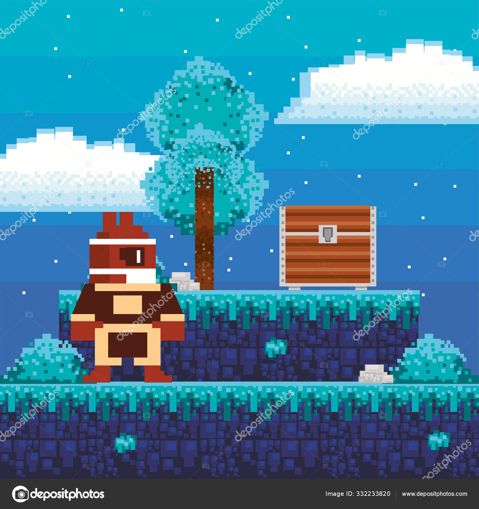 Video game warrior with treasure chest in pixelated scene 스톡 벡터 ...