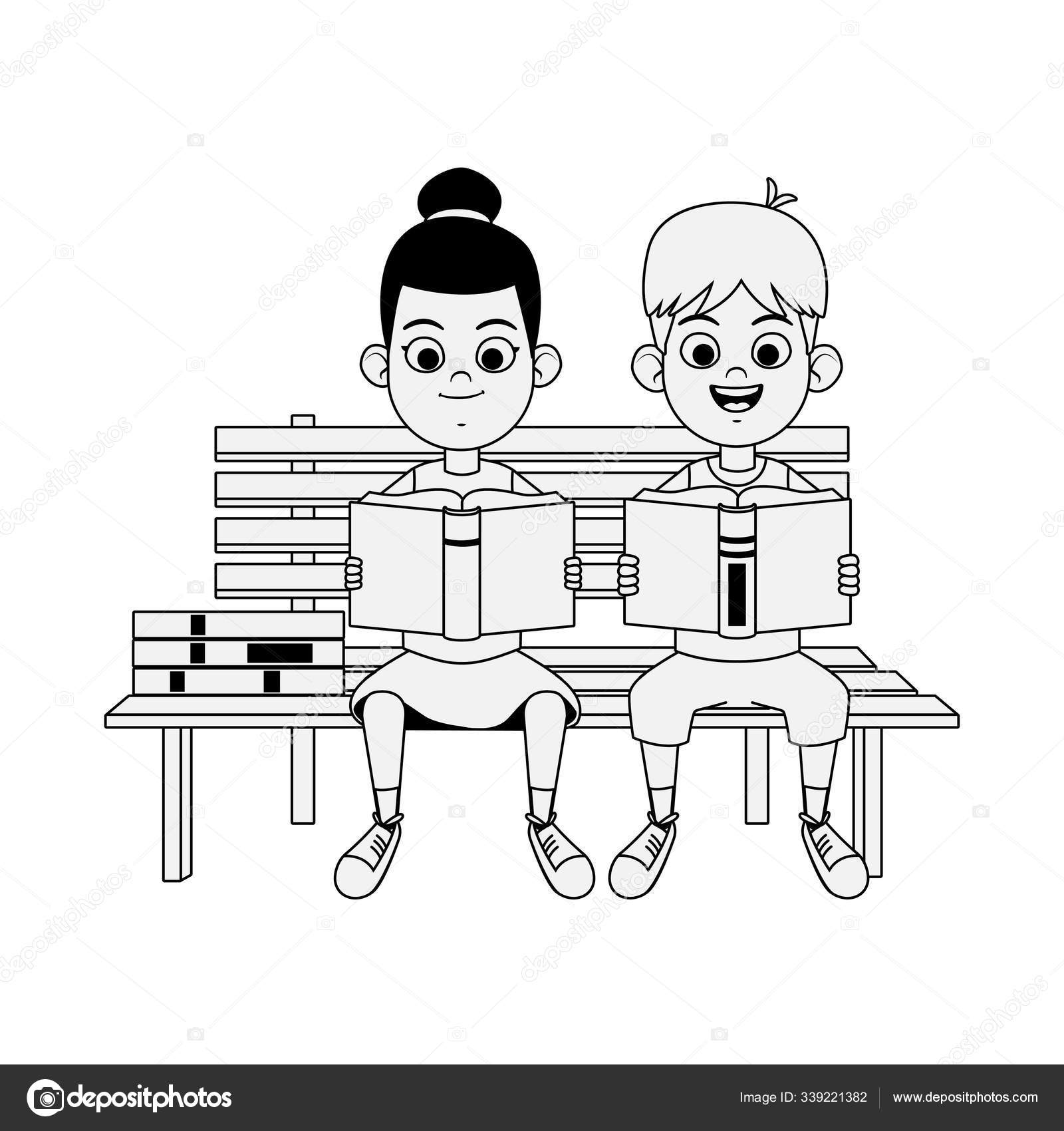 Happy kids reading books sitting on bench, flat design Stock Vector by ...