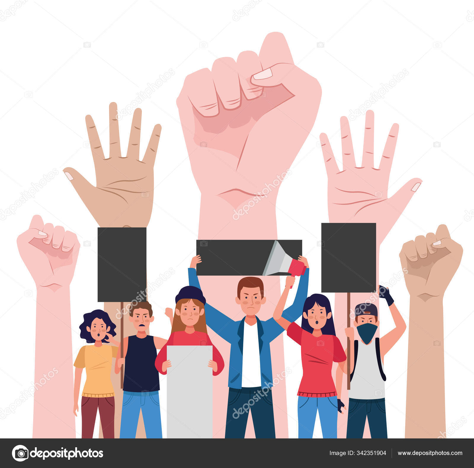 Grupo de personas protestando con las manos en alto y megáfono Vector ...