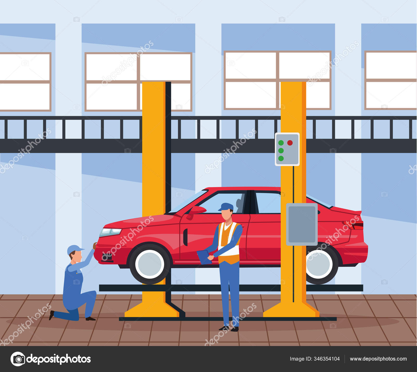 Car workshop scenery with lifted car with mechanics working Stock ...