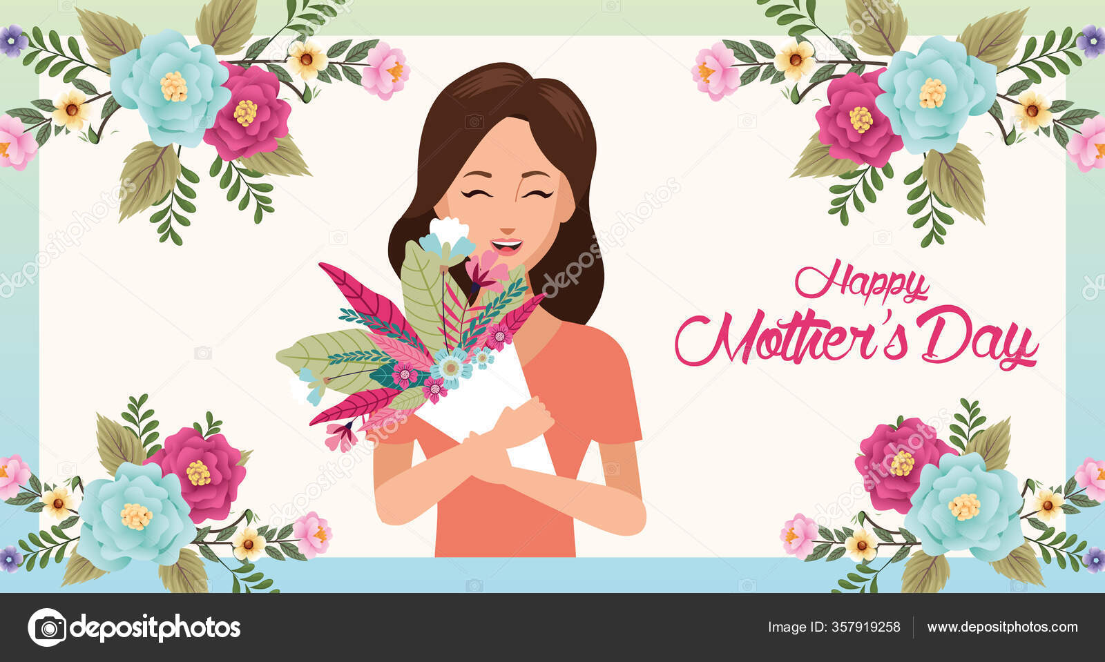 Hermosa madre con carácter ramo de flores madres tarjeta de día Vector ...