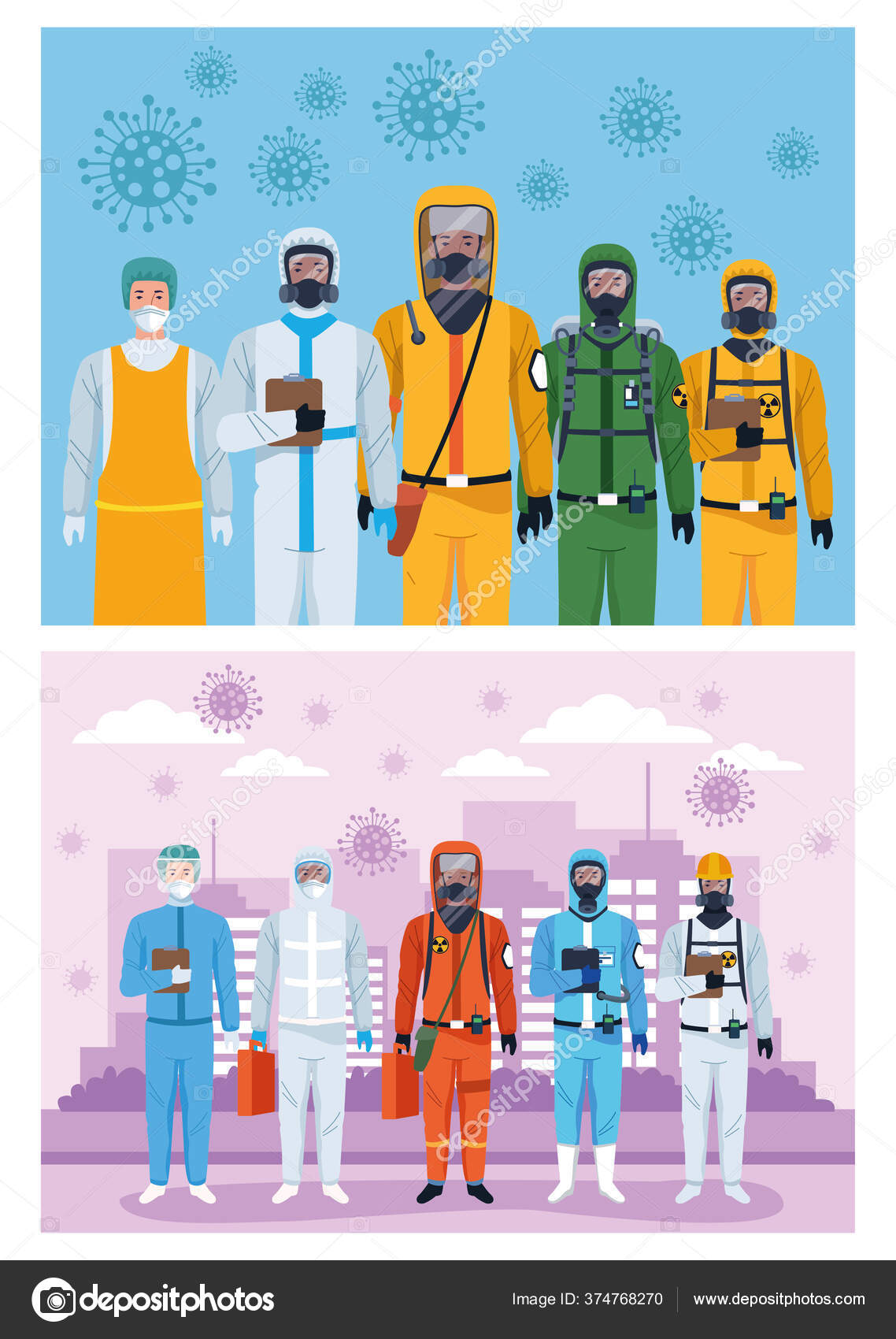 Group of workers using protection virus suits and covid19 particles on ...