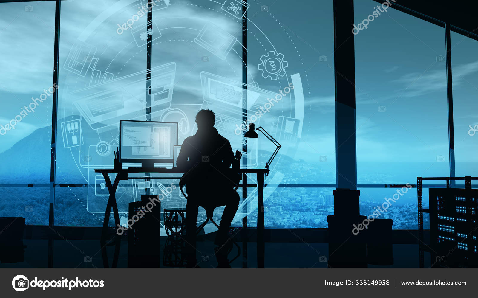 The web developer works in his office on the infographics background ...