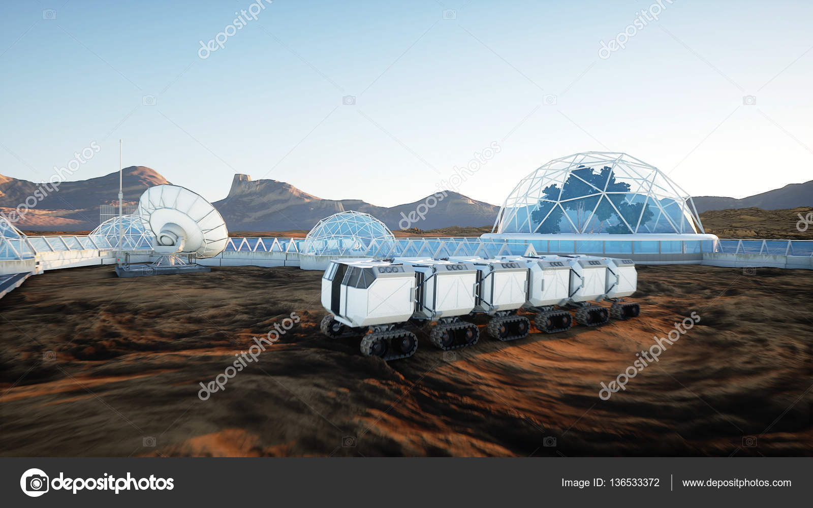 Mars expedition transport, mars rover. Base on alien planet. 3d ...