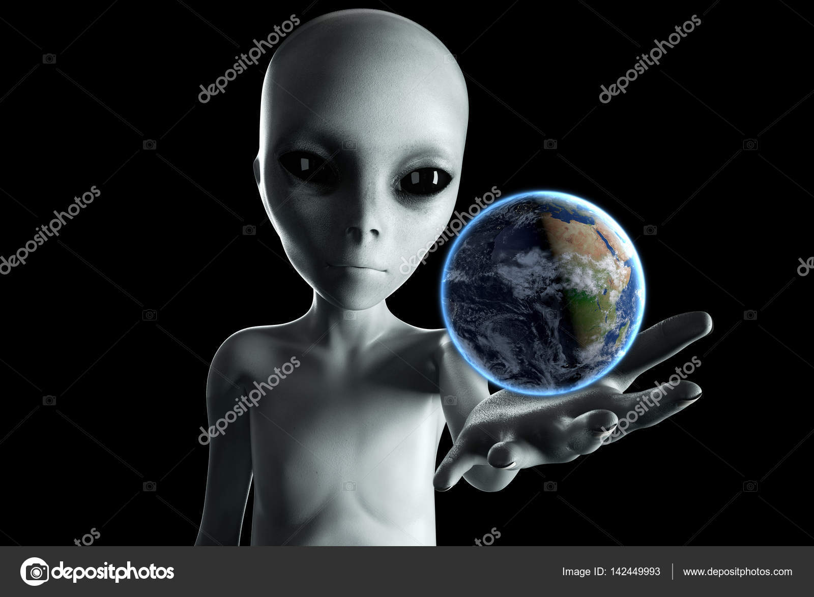 Alien hand reaching out with Earth planet. UFO futuristic concept. 3d ...