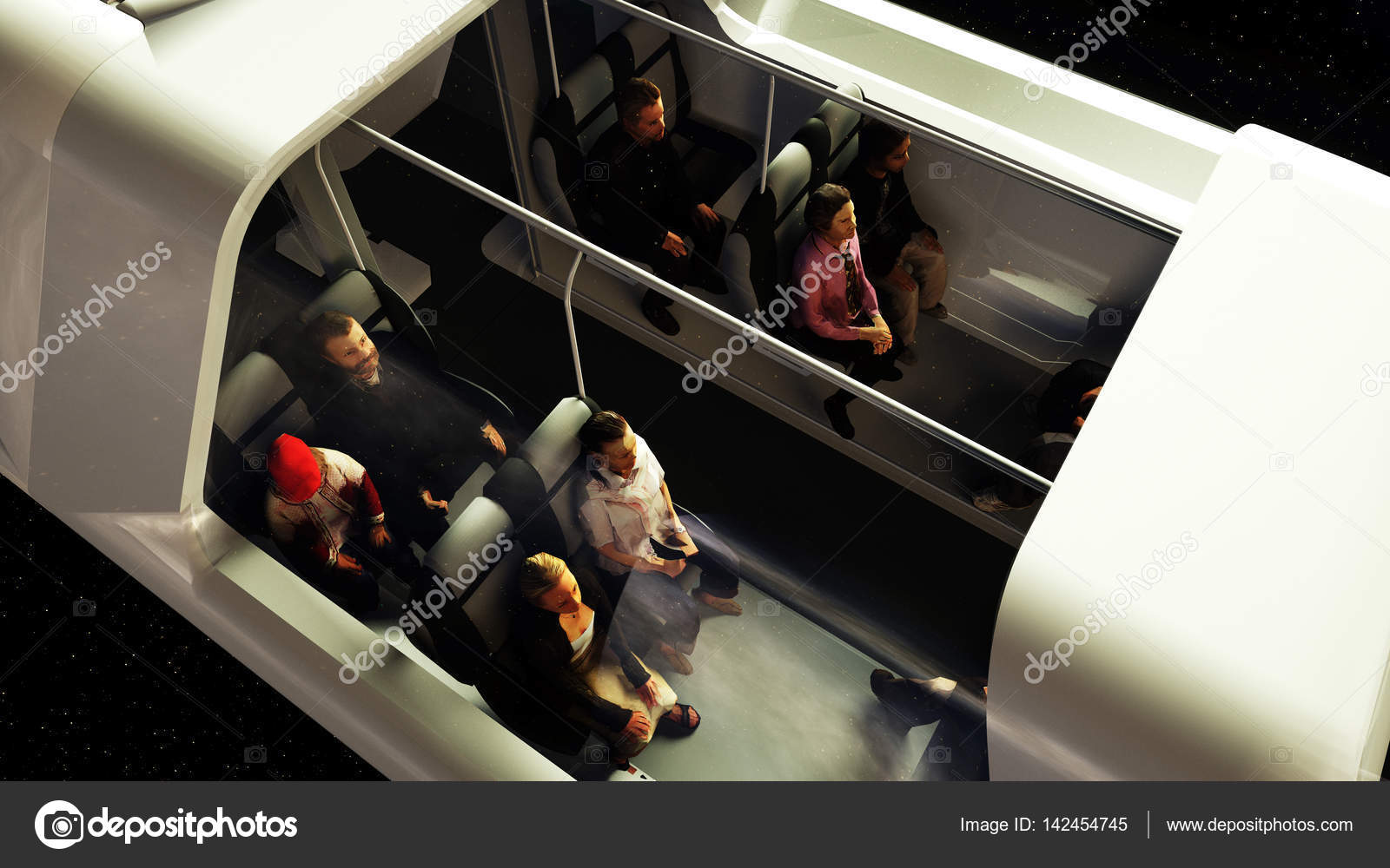 Futuristic passenger bus flying in space. Transport of the future. 3d ...