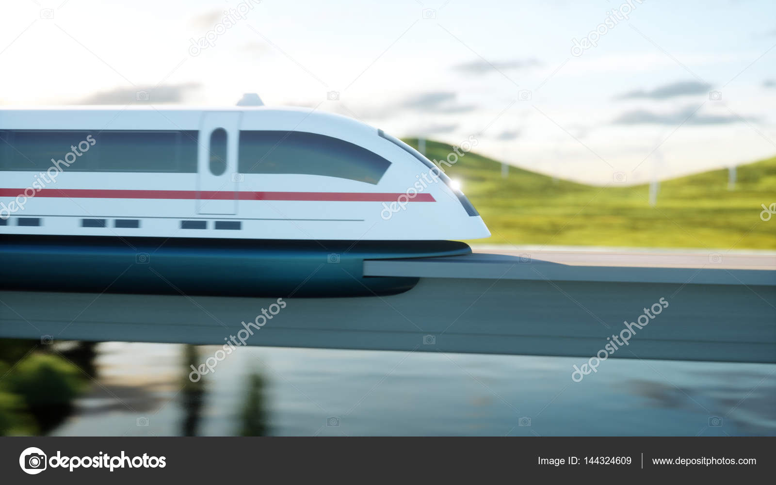 Futuristic, modern train passing on mono rail. Ecological future ...