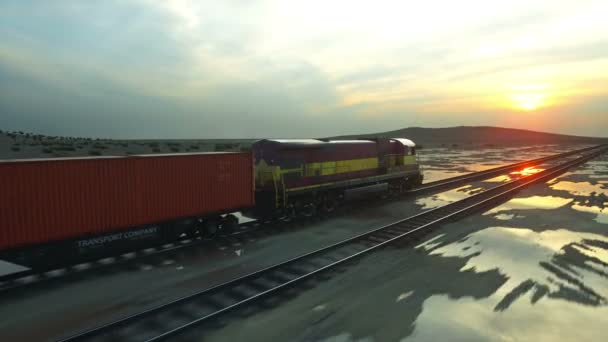 Freight train with cargo containers. Against Sunrise. logistic concept ...