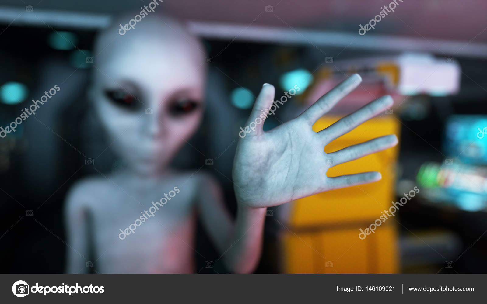 Alien in space ship. hand reaching out with Earth planet. UFO ...