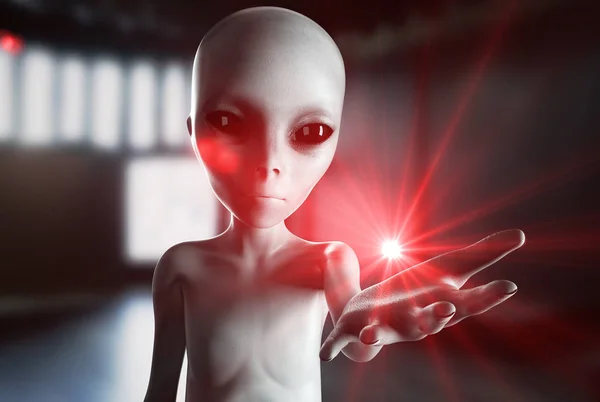 Alien in space ship. hand reaching out with Earth planet. UFO ...