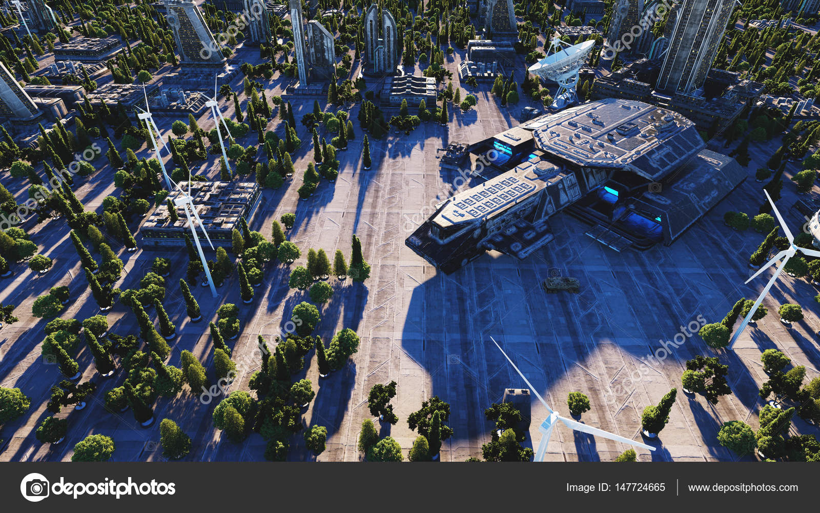 Spaceship in a futuristic city, town. The concept of the future. Aerial ...