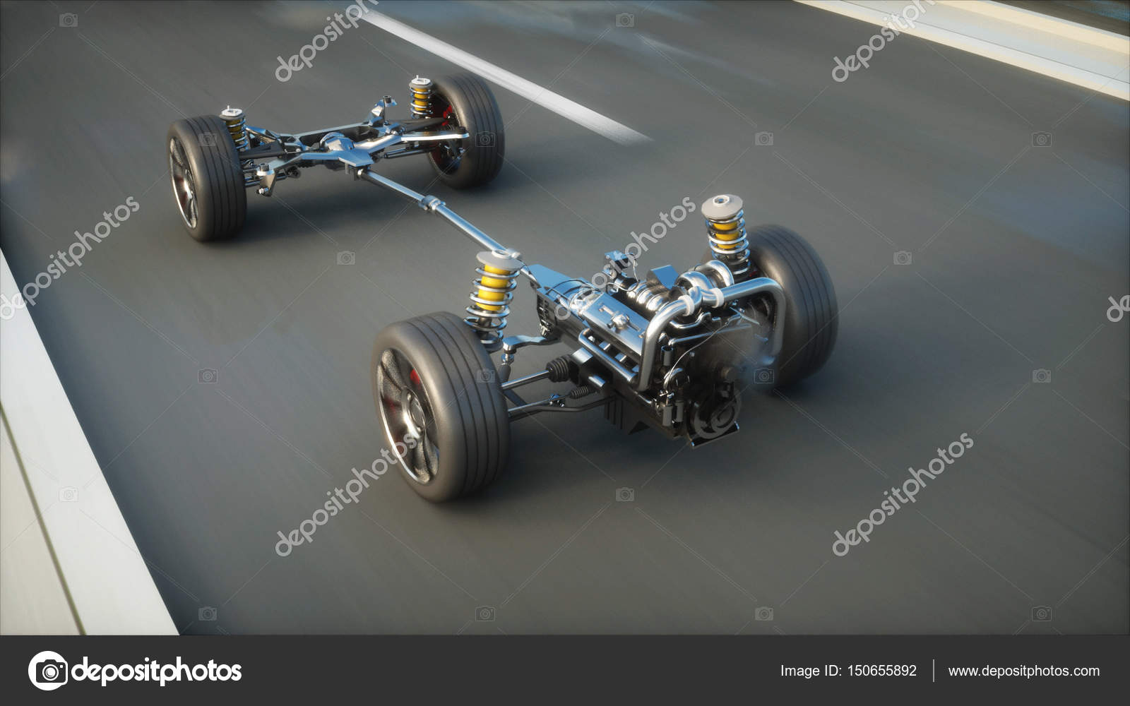 Car chassis with engine on highway. Very fast driving. Auto concept. 3d ...