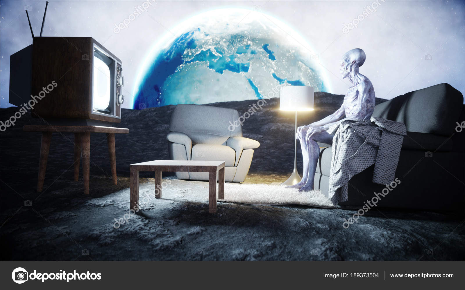 Funny alien watching TV on the sofa on the moon. Living on the moon ...