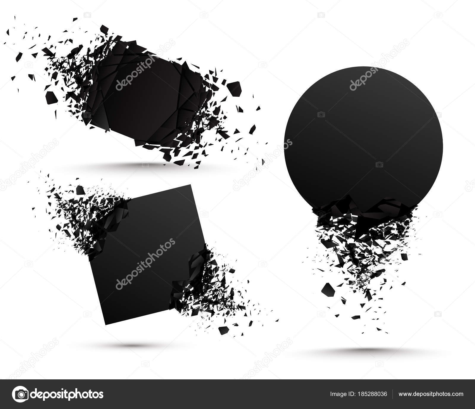Set of black explosion banners. Square and circle destruction shapes ...