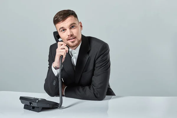 Angry Businessman Glasses Yelling Vintage Phone — Stock Photo ...