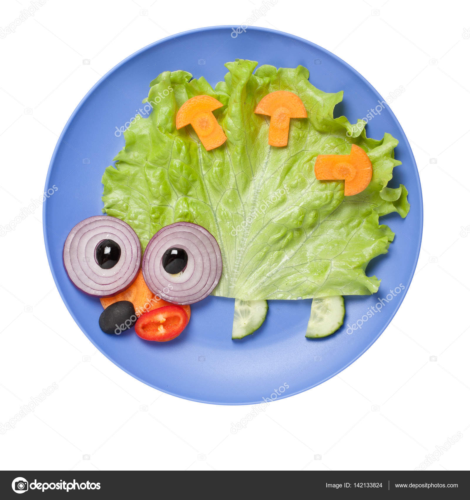 Amusing hedgehog made of vegetables on blue plate Stock Photo by ©serg ...
