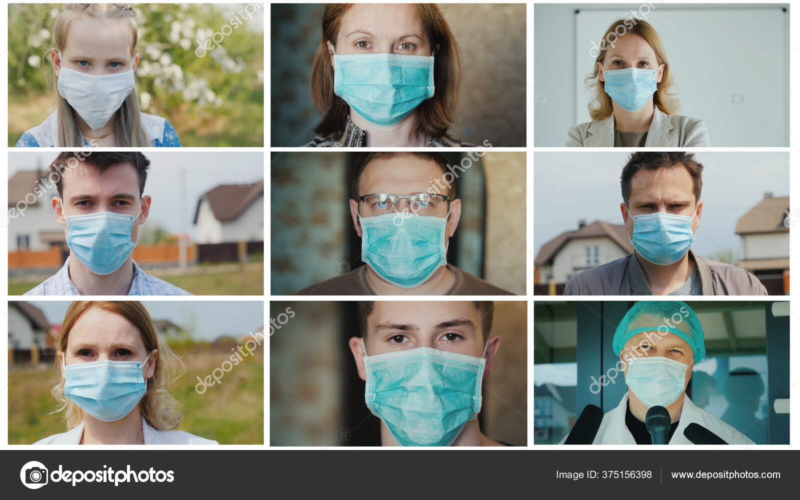Multi-screen with portraits of people in protective masks, collage on ...