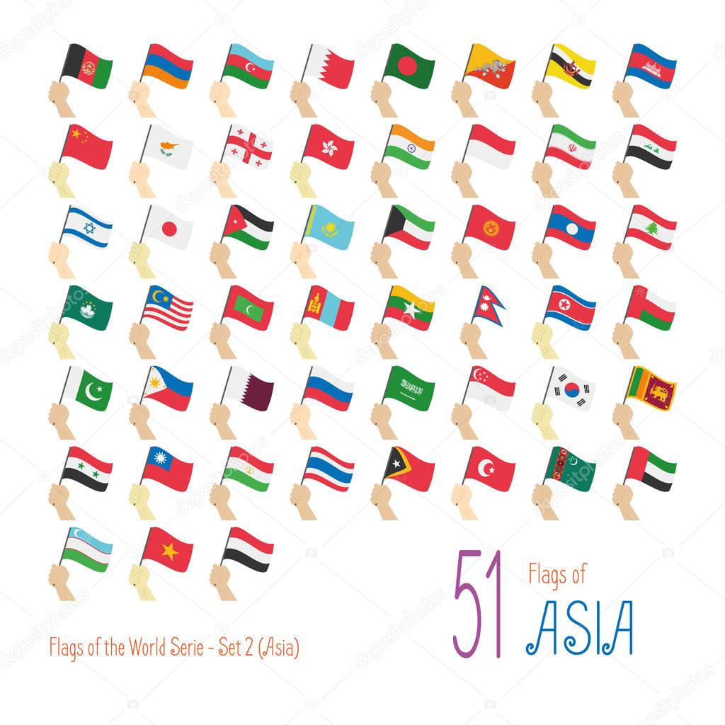 Set de 51 banderas de Asia. Levantando las banderas nacionales de 51 pa ...
