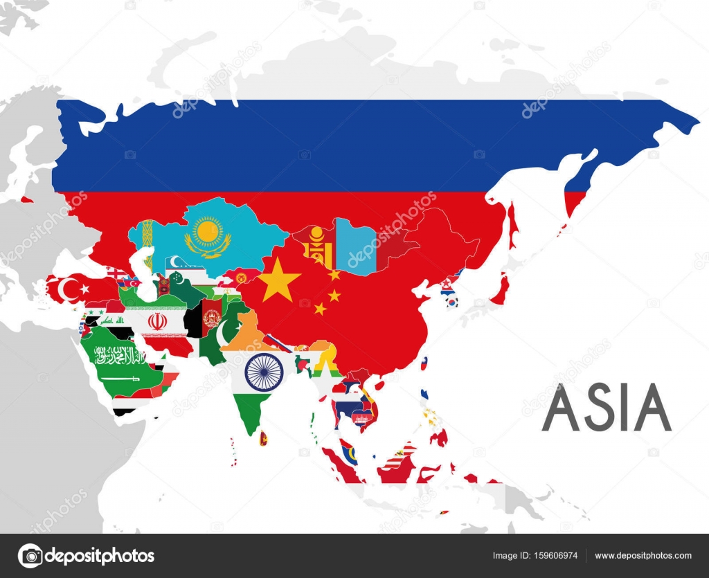 Ásia Política Mapa ilustração vetorial com as bandeiras de todos os ...