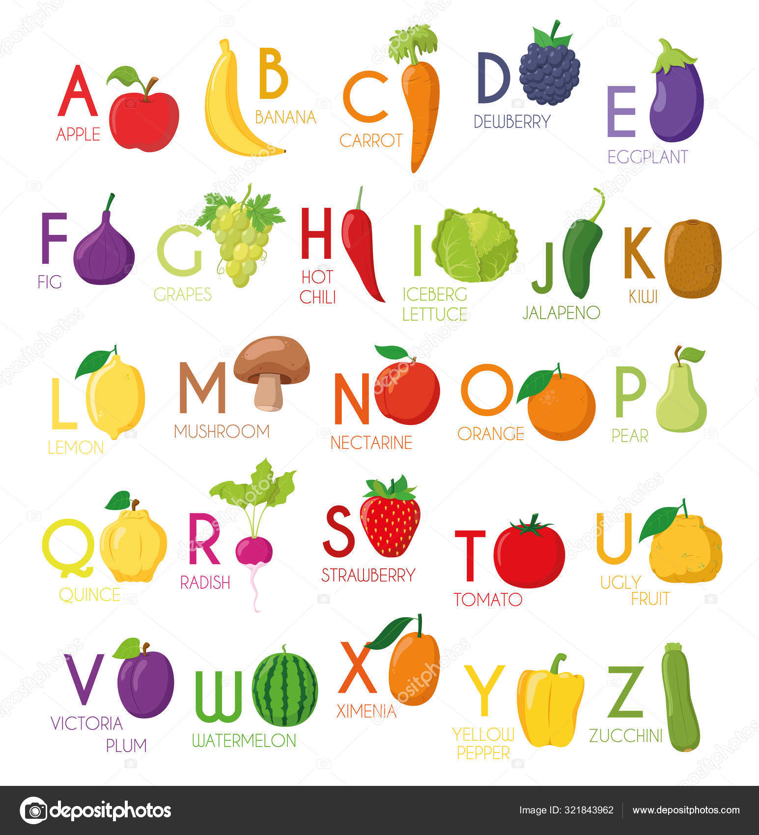 Cute Cartoon Illustrated Alphabet Fruits Vegetables English Alphabet ...