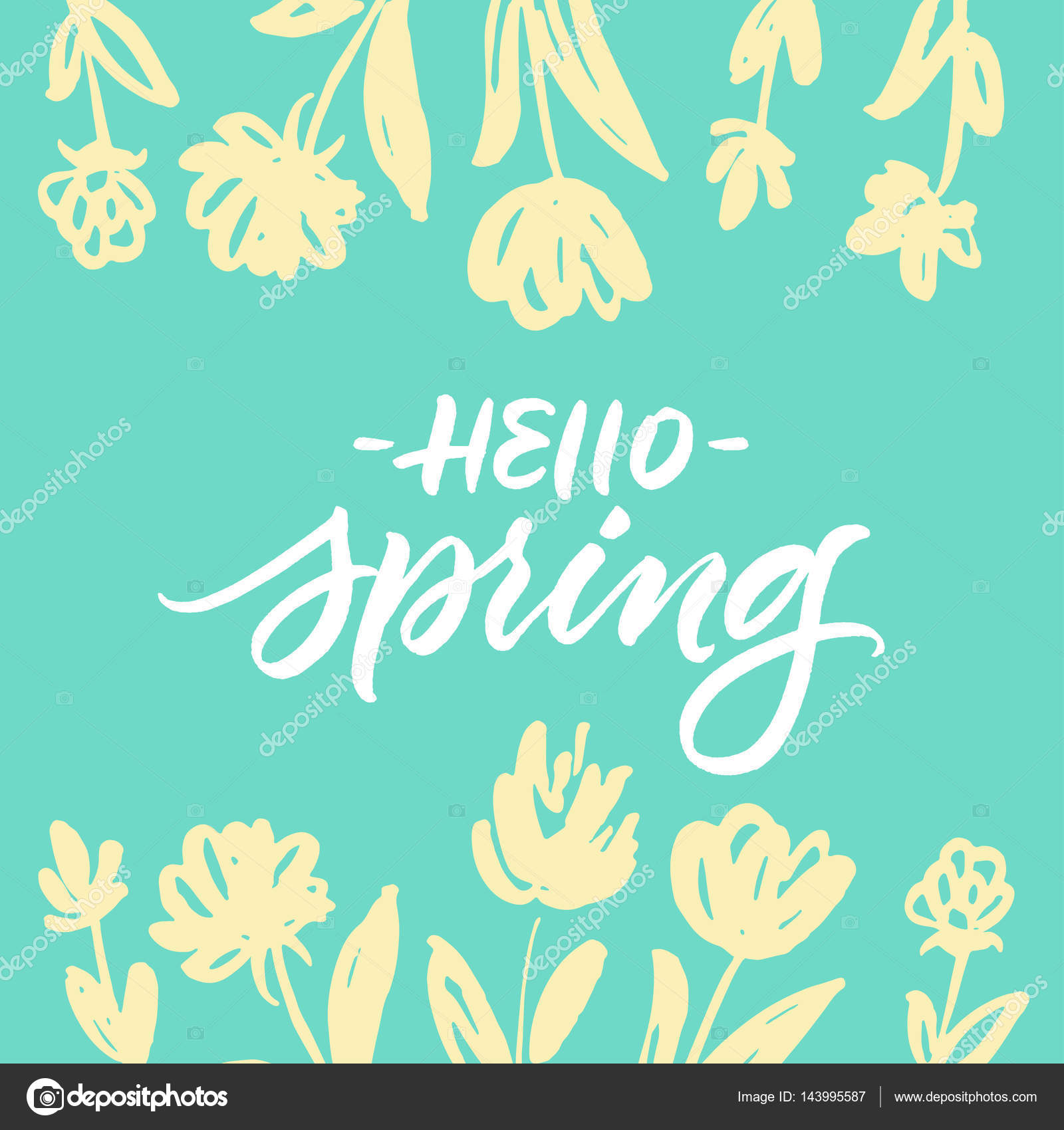 Hello Spring greeting card with green background and yellow hand Stock ...