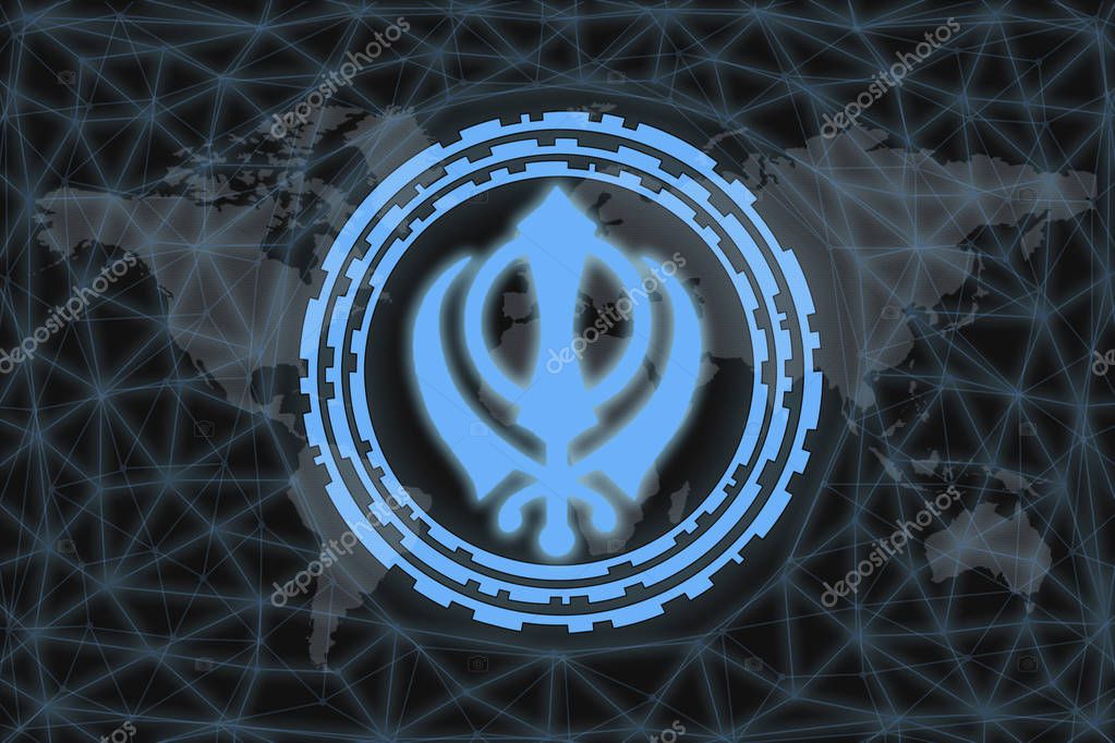 Símbolo del sijismo con diseño moderno. Con un fondo oscuro y un mapa ...