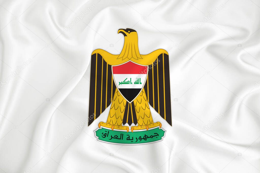 Una bandera blanca en desarrollo con el escudo de armas de Irak ...