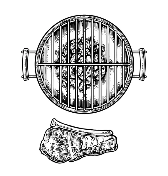 Barbecue Grill Top View Charcoal Sausage Vintage Color Vector Engraving ...