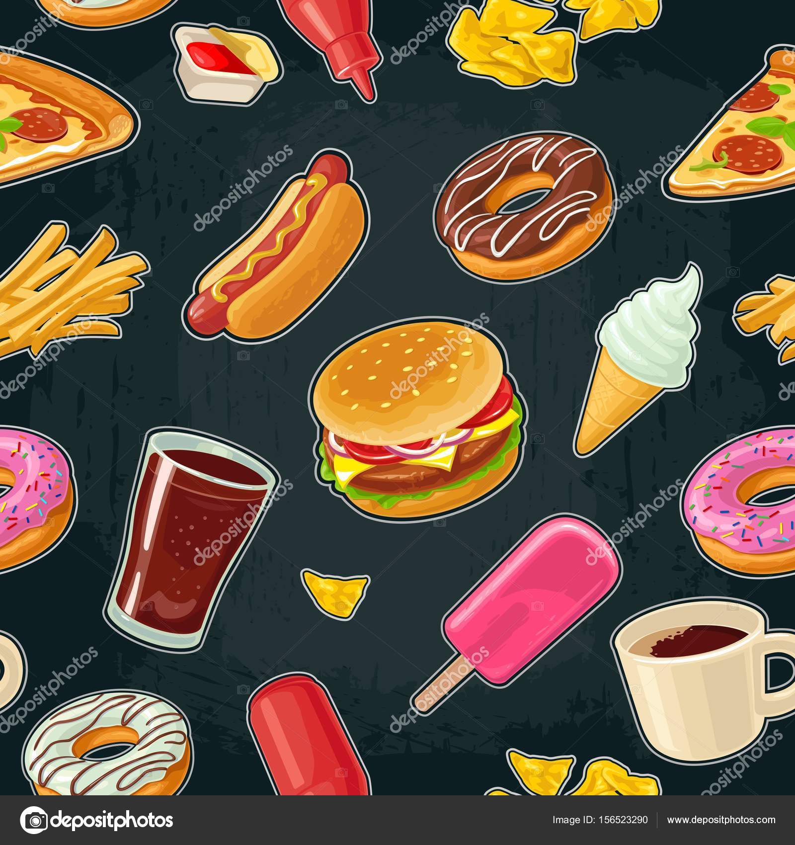 Seamless pattern fast food. Cup cola, coffee, donut, ice cream Stock ...