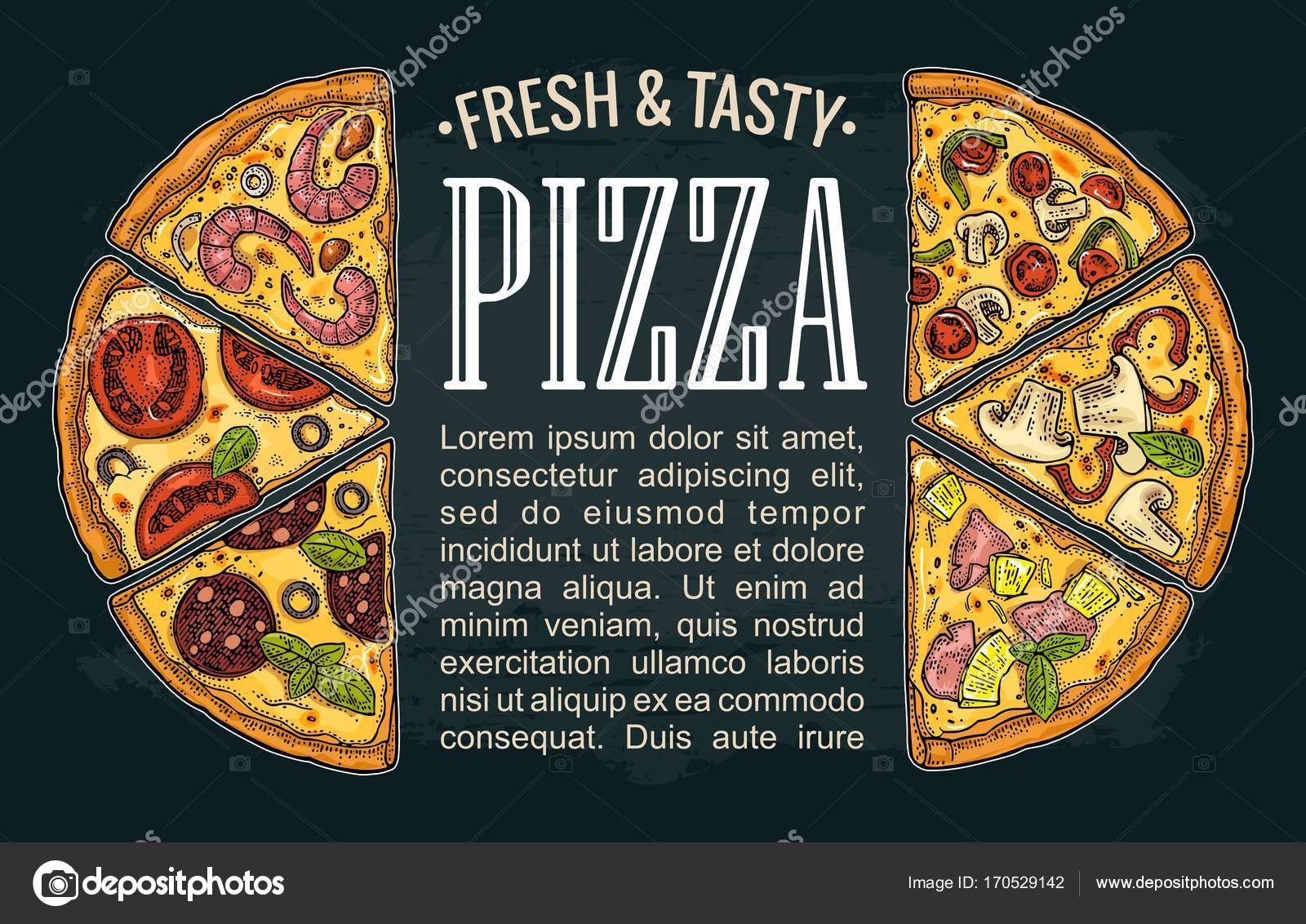 Horizontal poster slice pizza Pepperoni, Hawaiian, Margherita, Mexican ...