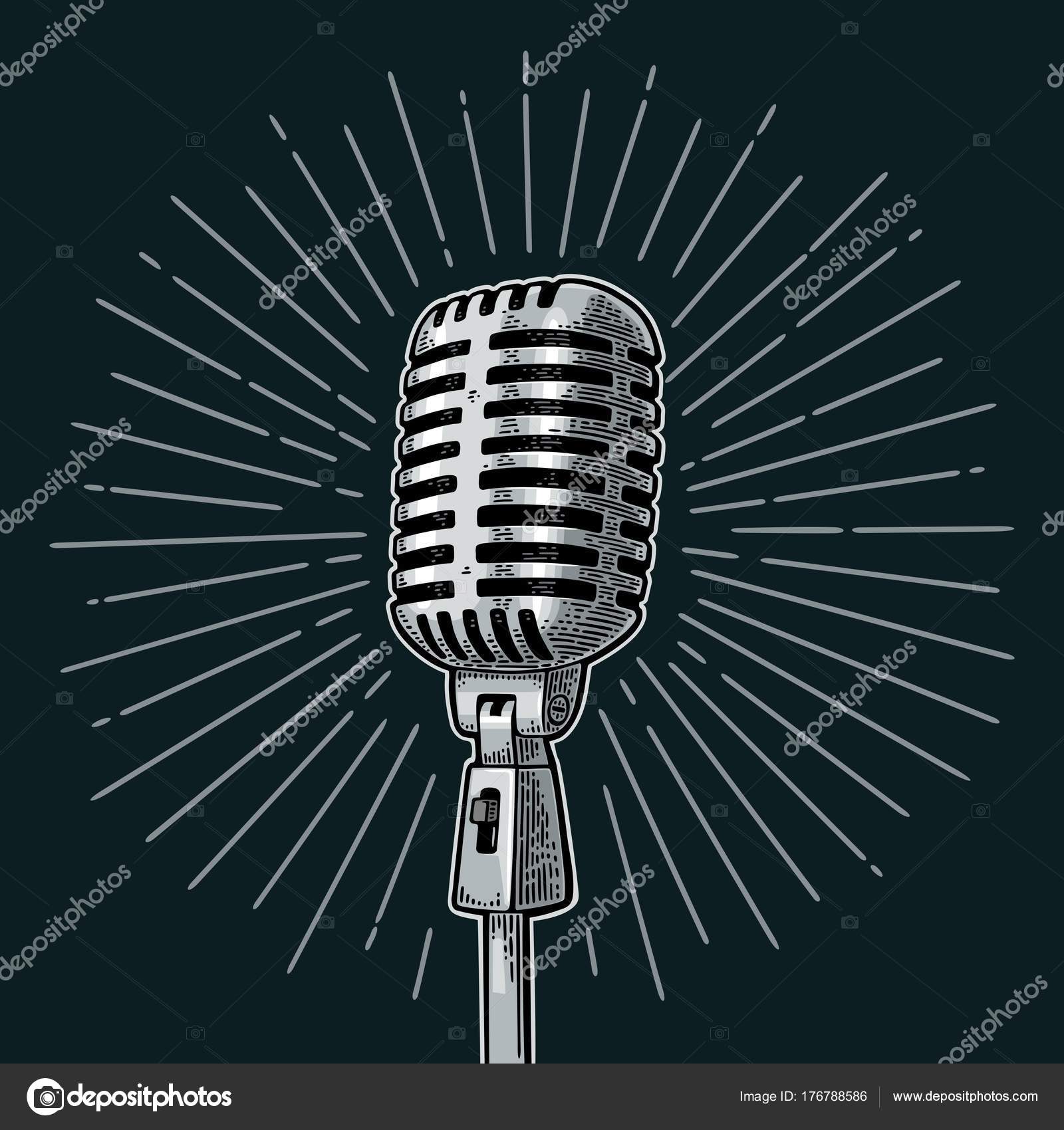 Microphone with ray. Vintage vector black engraving illustration Stock ...