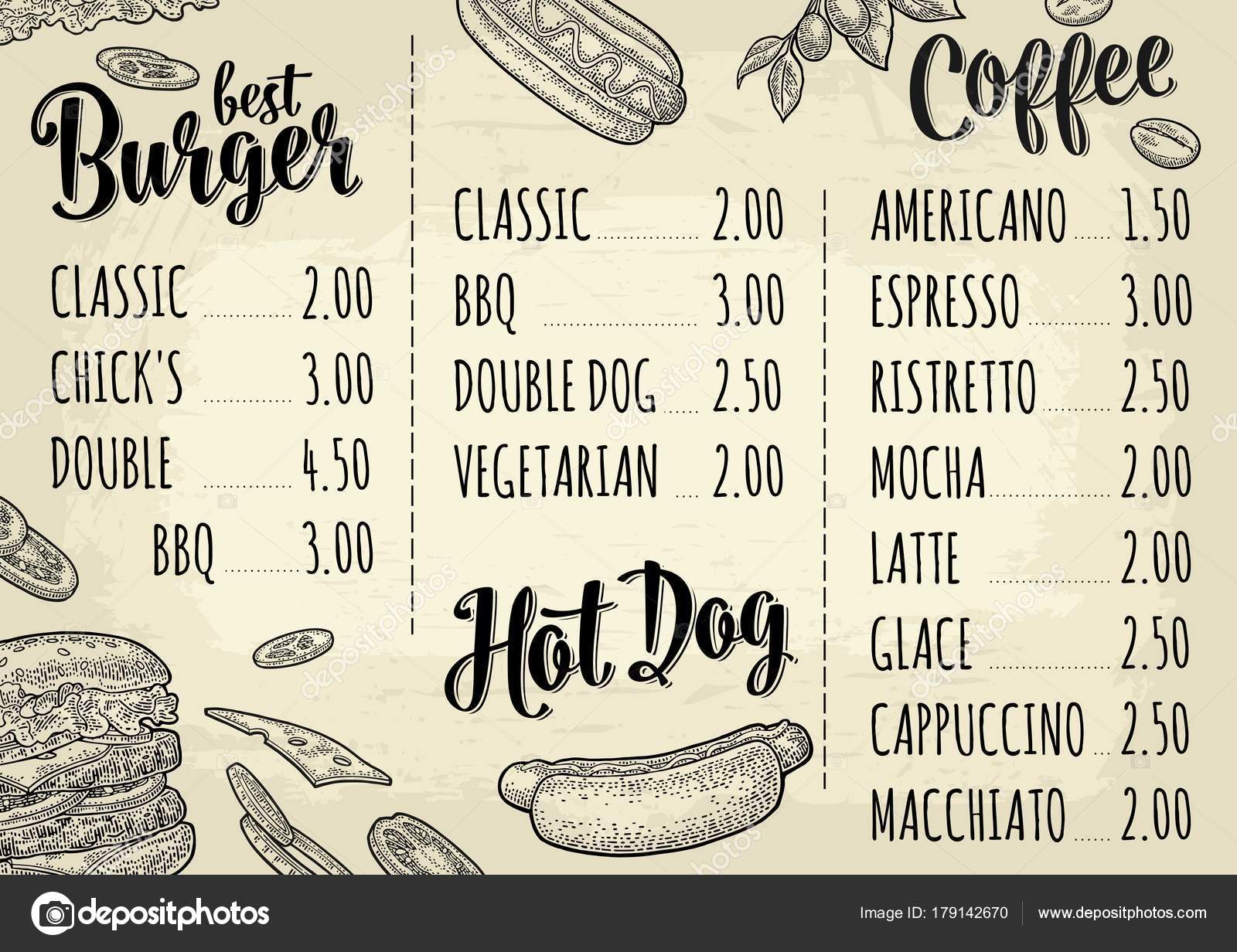 Restaurante o café menú café drinck con precio . Vector de stock por ...