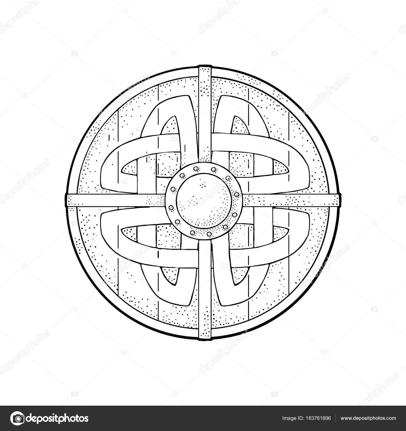 Wood round shield with viking runes. Vintage vector black engraving ...