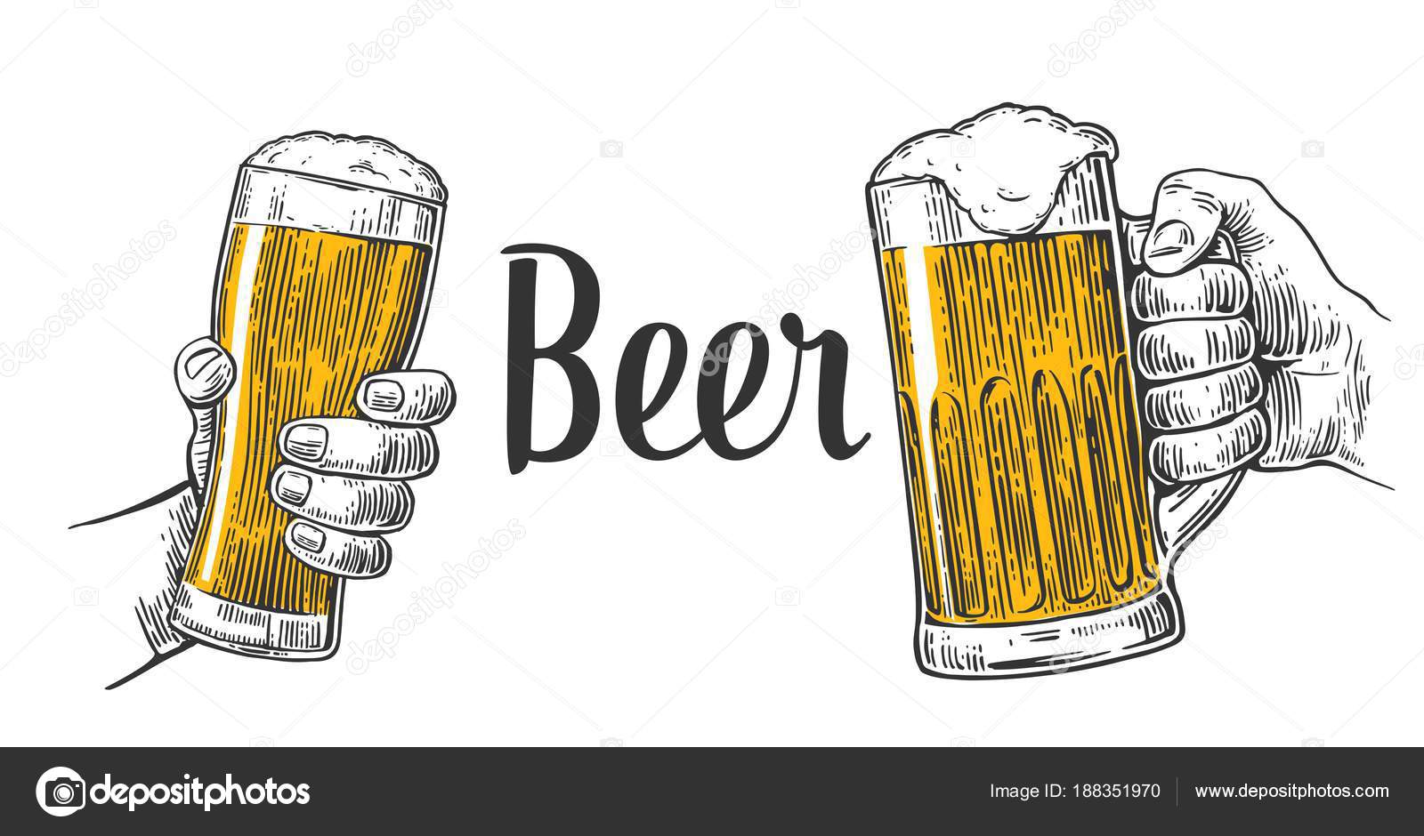 Two hands holding beer glasses mug. Hand drawn design element. Vintage ...