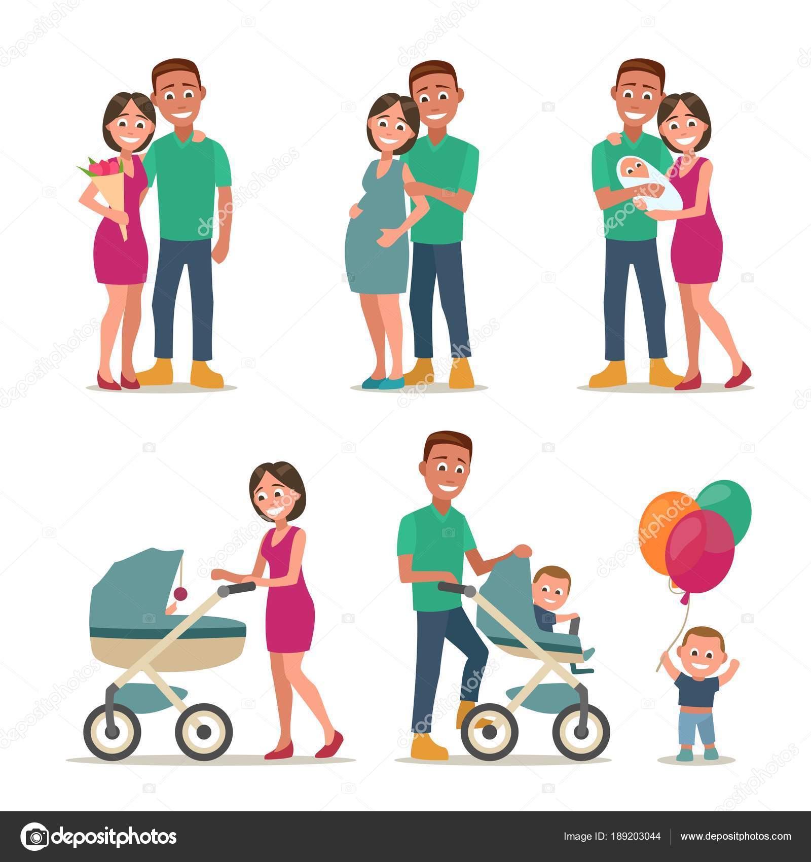 Stages of creating family. Love, pregnancy, birth. Couple and child ... Stages of creating family. Love, pregnancy, birth. Couple and child ...