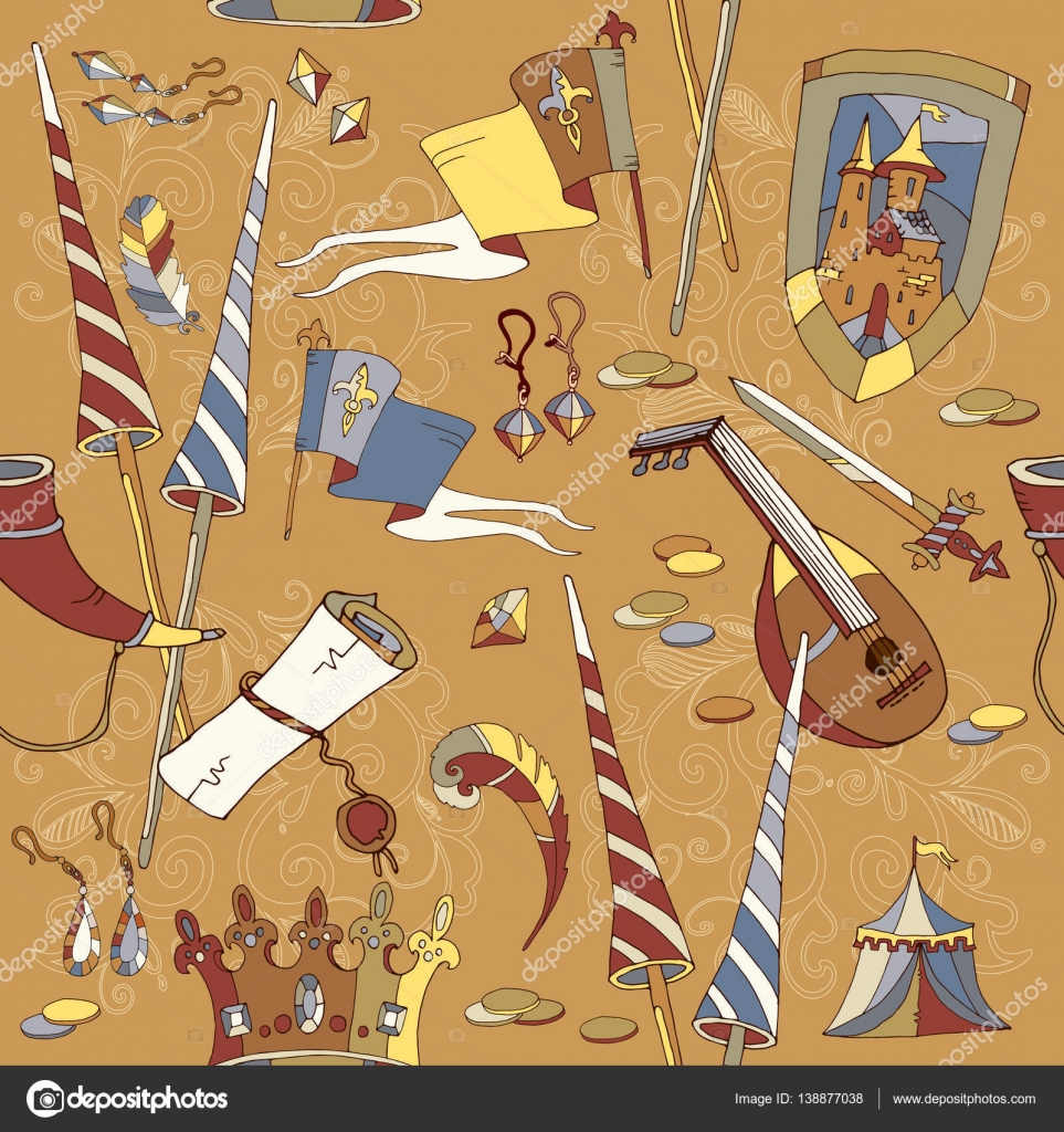 Medieval seamless pattern. Castle, medieval sword, crown — Stock Vector ...