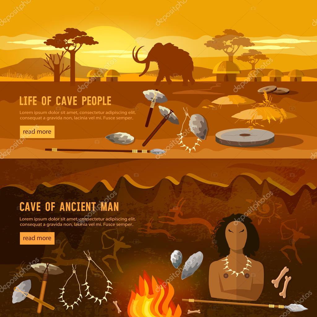Stone age banner. Neanderthal man in a cave, hunting for mammoth ...