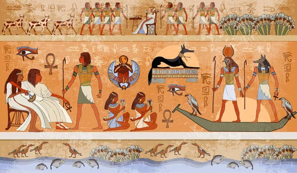 Ancient Egypt scene, mythology. Egyptian gods and pharaohs - Stock ...
