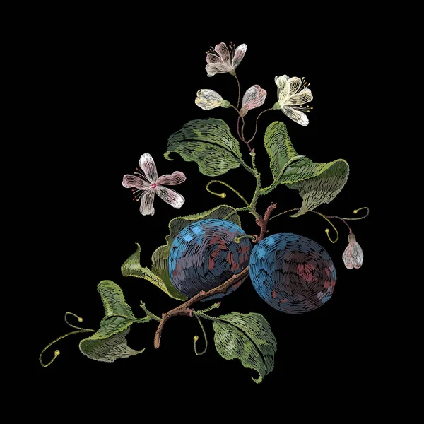 Embroidery cluster of grapes, plums and peonies seamless pattern Stock ...