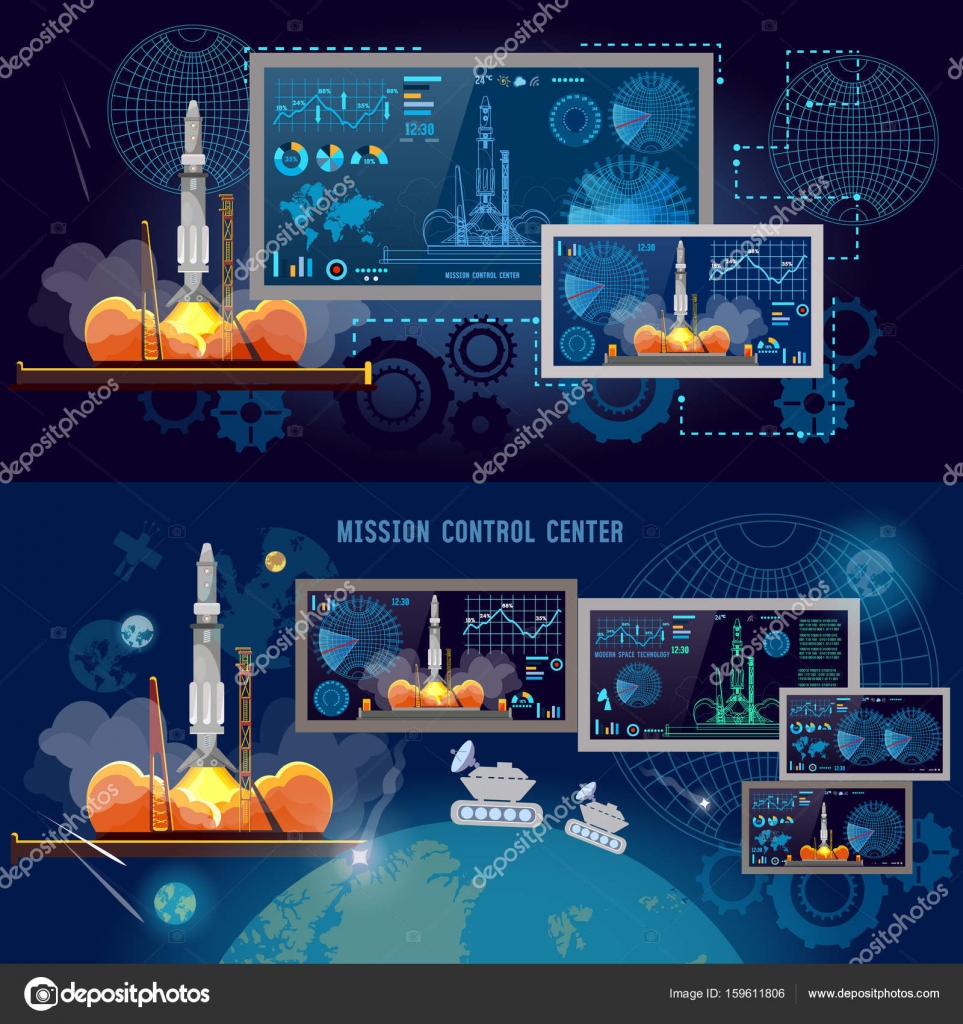 Space Mission Control Center, Space shuttle taking off on missi Stock ...